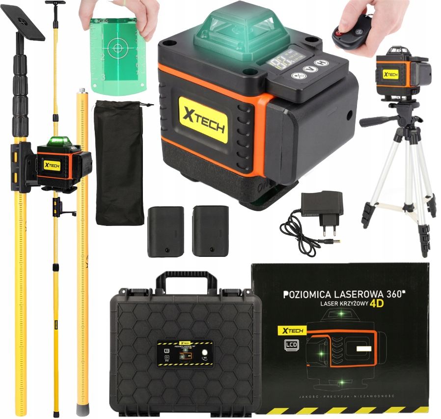 Poziomica Xtech Poziomica Laserowa Laser Krzyżowy + Statyw Tyczka ...