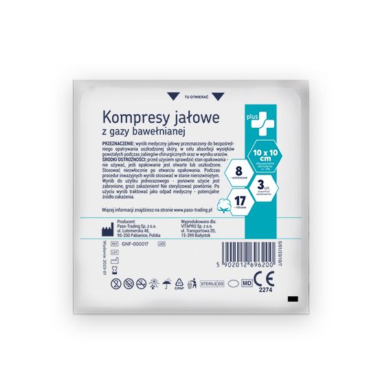 Zdrowe Korzyści - Plus+, kompres gazowy jałowy, 17-nitkowy, 10 x 10 cm ...