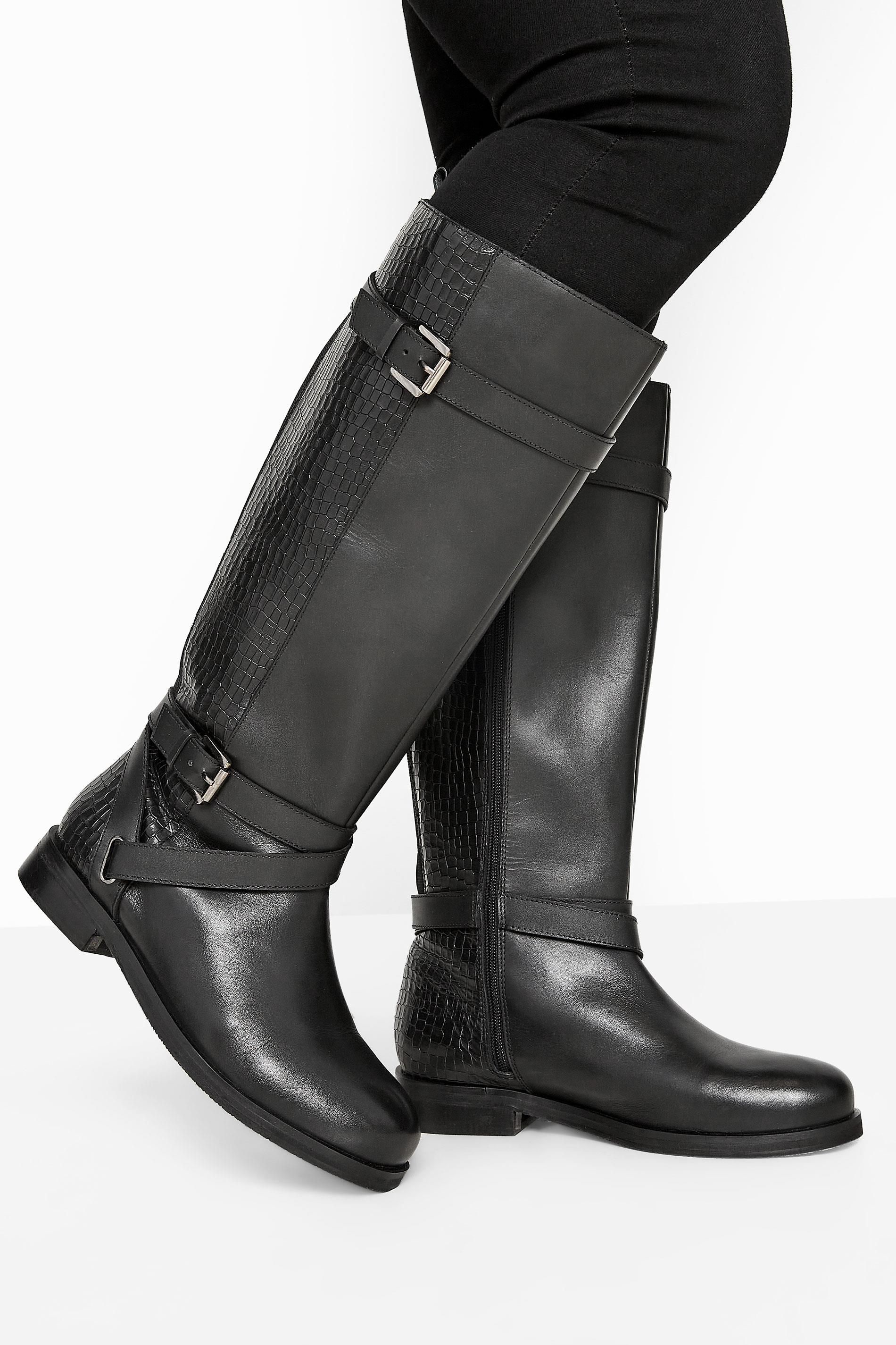 Duży Rozmiar Black Leather Buckle Calf Knee High Riding Boots In Extra ...