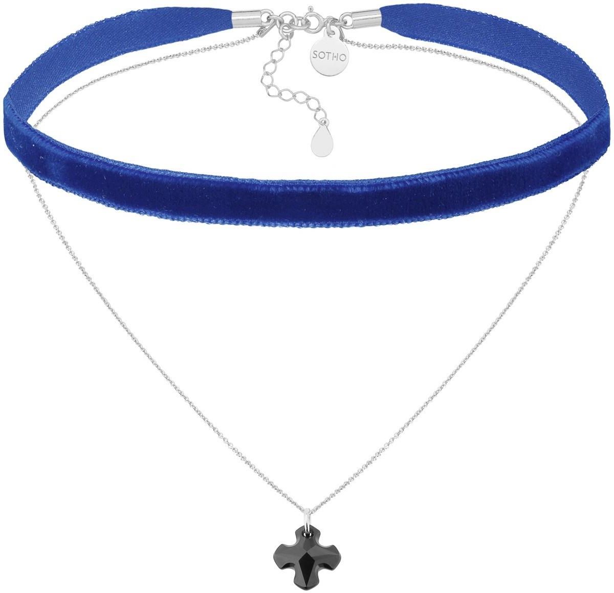 Kobaltowy aksamitny choker z łańcuszkiem zdobionym krzyżem SWAROVSKI ...