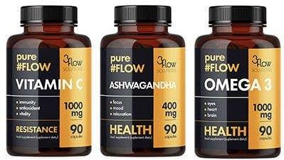 3Flow Solutions Vitamin C 1000mg 90kaps. + Ashwagandha 400mg 90kaps. + Omega 3 1000mg 90kaps ...