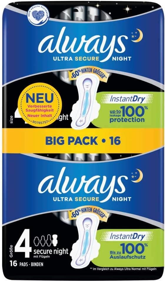 Always Ultra Secure Night Podpaski Na Noc Ze Skrzydełkami Rozmiar 4 ...