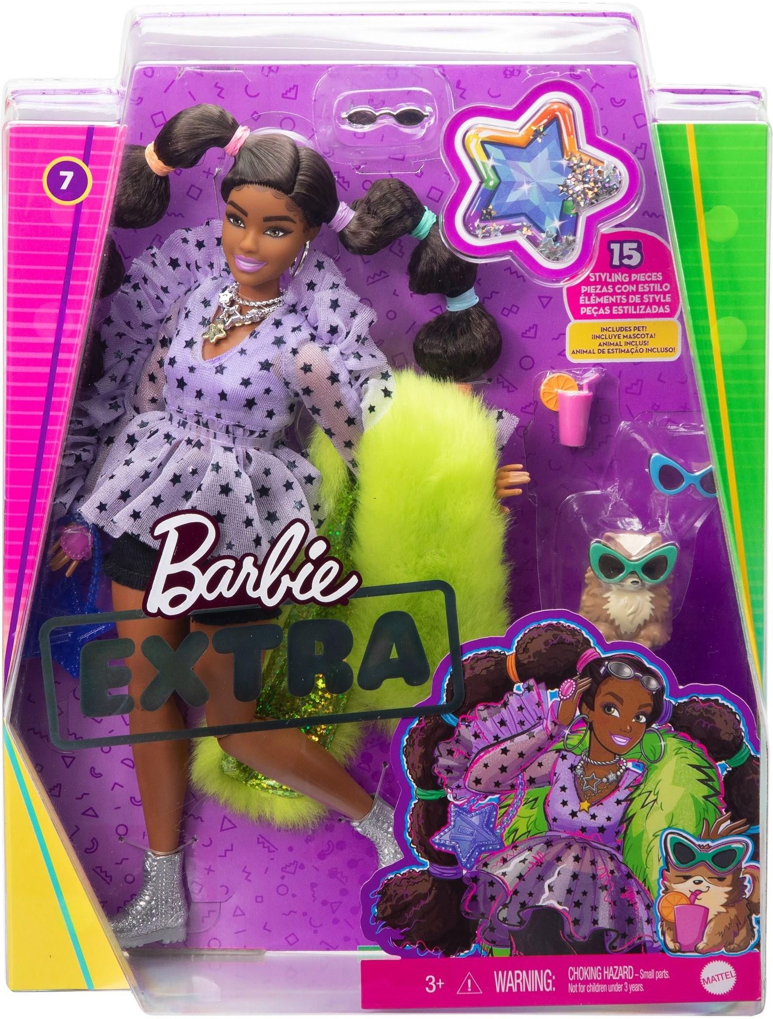 Lalka Barbie Extra Moda Lalka Tunika w gwiazdki/Brązowe kucyki (GRN27 ...