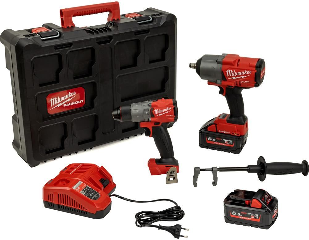 Milwaukee (klucz udarowy M18 ONEFHIWF12-0 + wiertarko-wkrętarka M18 FPD2-0 + 2x akumulator M18 5 ...