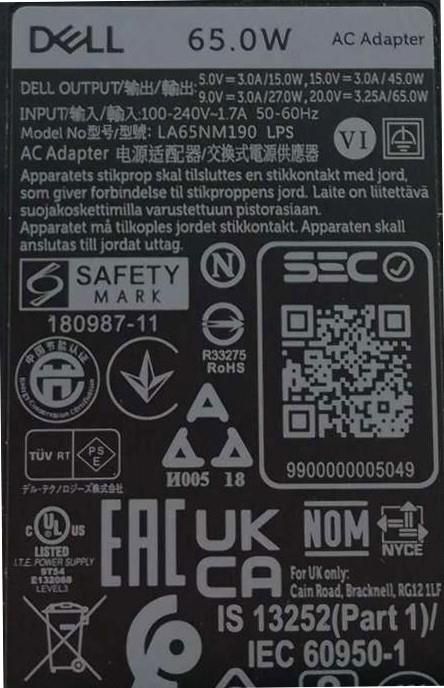 Zasilacz do laptopa DELL ŁADOWARKA ZASILACZ USB-C 65W 20V 3.25A 0VT148 ...