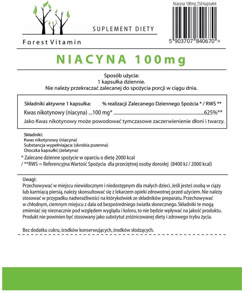 Forest Vitamin Niacyna Kwas Nikotynowy Witamina B3 250 kaps. - Opinie i ...