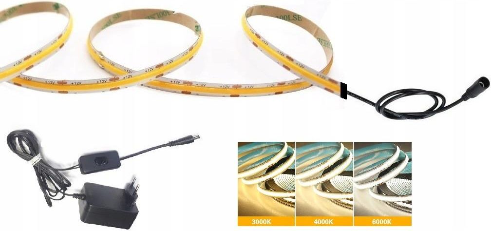 Epistar taśma cob led zestaw 300 cm 1440 czip zasilacz 12V (ZCL300ZWM ...