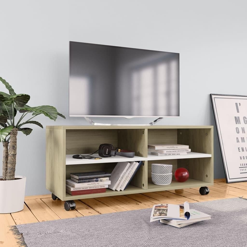 Vidaxl Szafka pod TV z kółkami biel i dąb sonoma 90x35x35 cm 2980306 ...