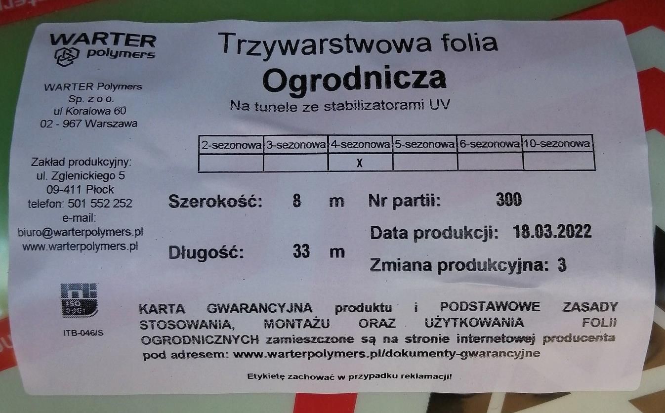 Warter Polymers Folia Tunelowa Ogrodnicza Uv4 Szer 8M Mocna Gruba ...