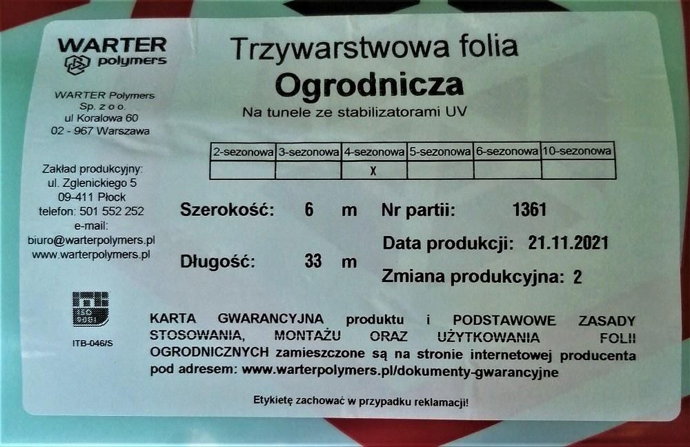 Warter Polymers Folia Tunelowa Ogrodnicza Uv4 4Sezony Szerokoś 6M ...