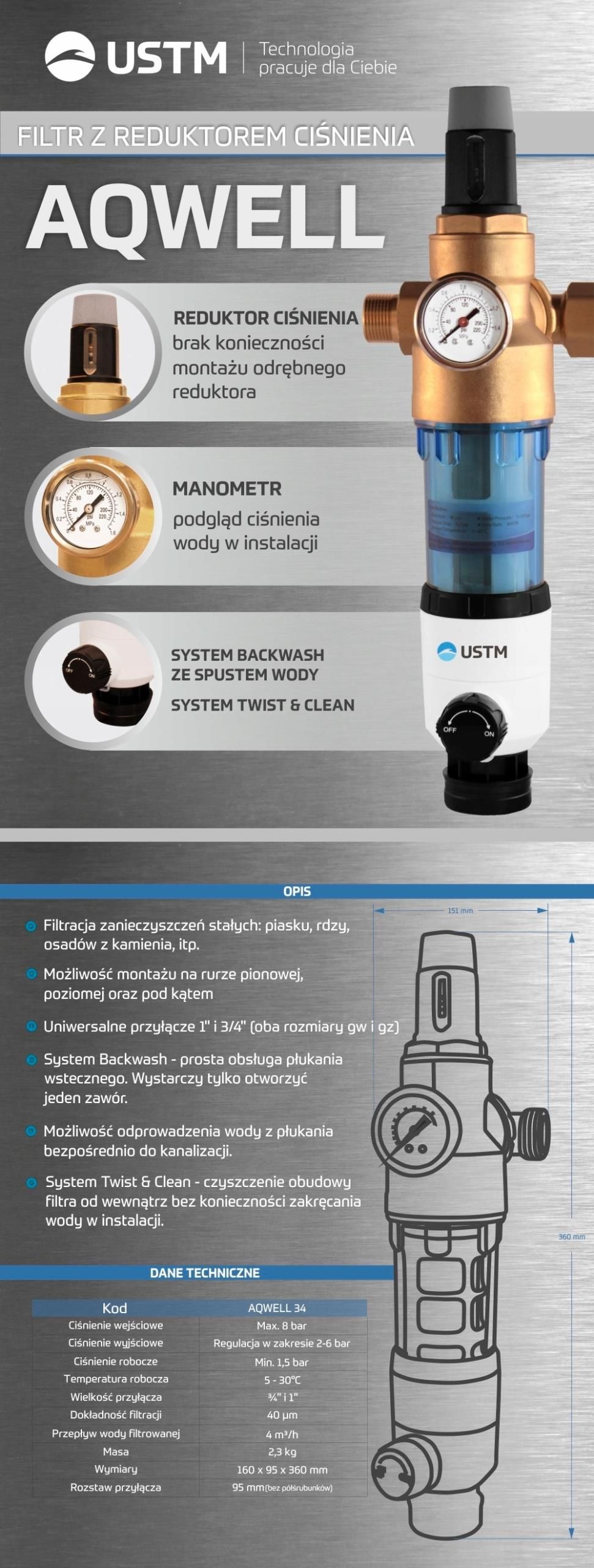 USTM FILTR WODY NARUROWY 34 Z REDUKTOREM CIŚNIENIA USTM WF34AQWELL ...