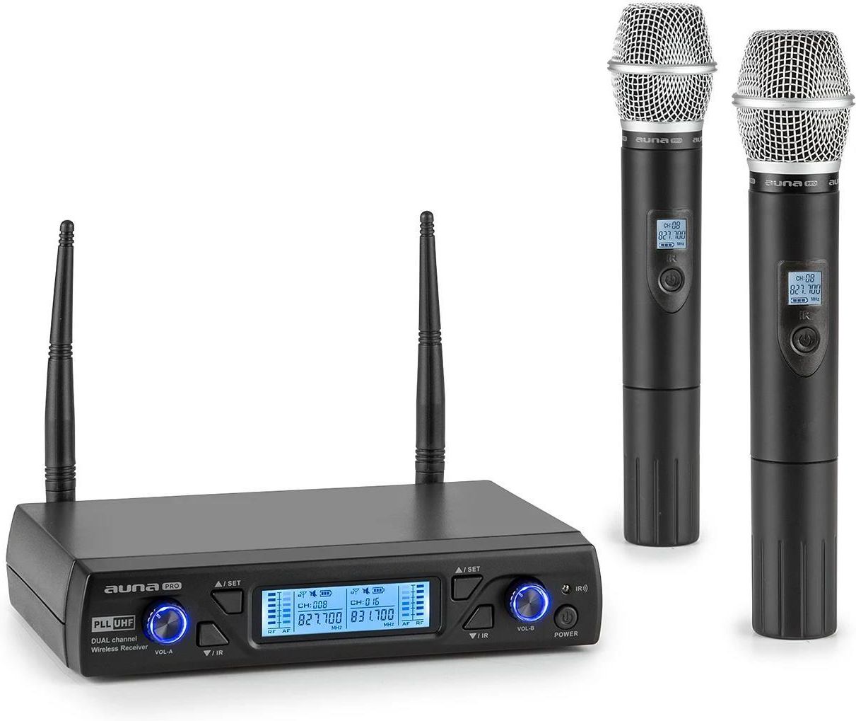 Mikrofon Auna Pro UHF200C-2H, 2-kanałowy bezprzewodowy zestaw mikrofonowy UHF, odbiornik, 2 ...