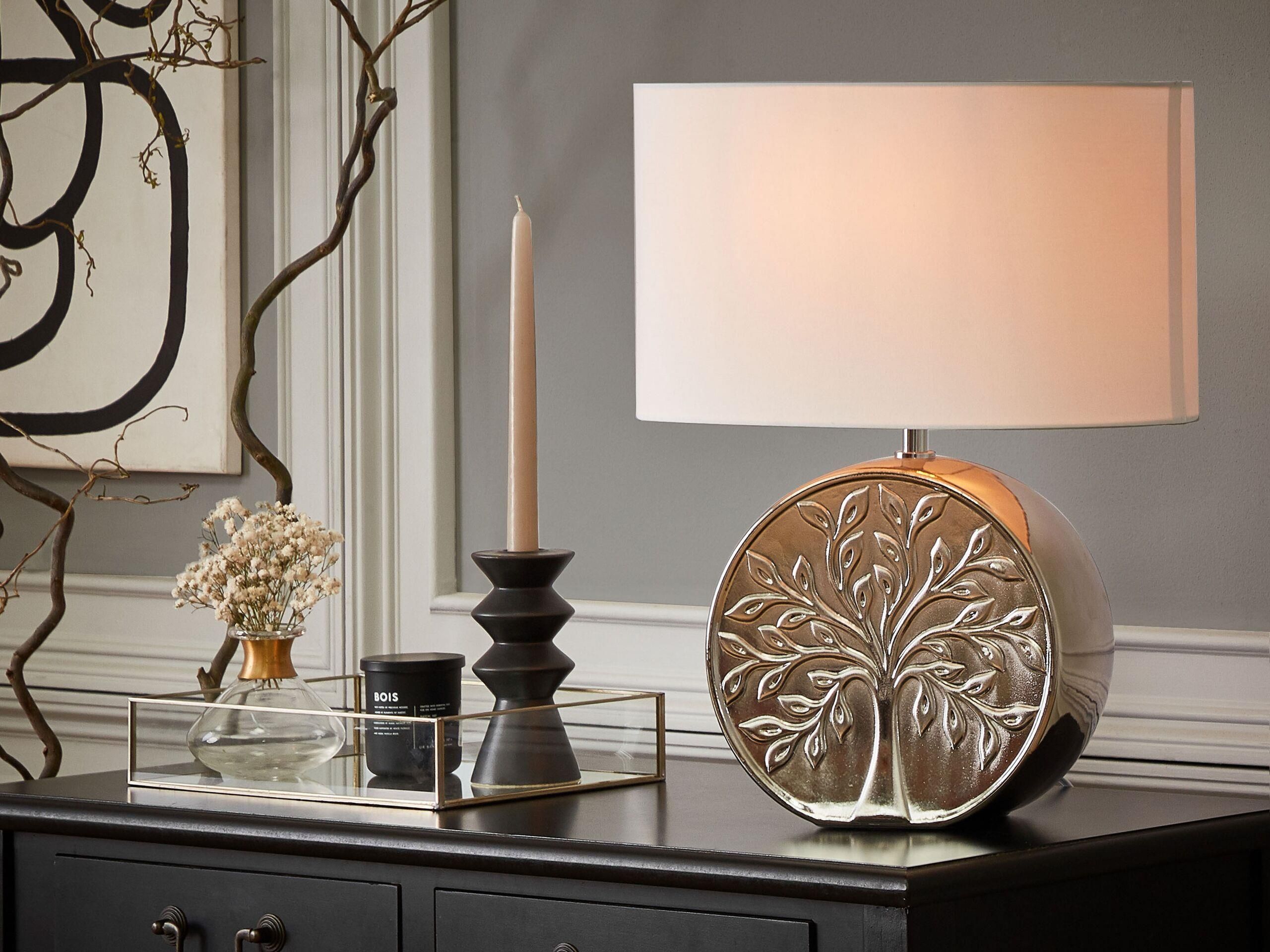 Lampa Beliani Lampka nocna glam srebrna ceramiczna podstawa abażur motyw drzewa 49 cm Kherlen ...