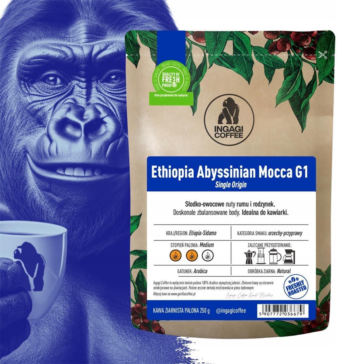 Kawa Kawa ziarnista Ingagi Coffee Ethiopia Abyssinian Mocca G1 250g ...