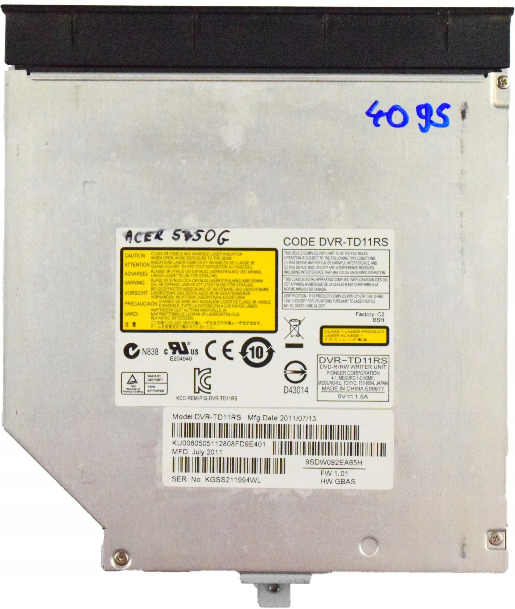 Podzespoły do laptopa ACER 5750G DVR-TD11RS NAGRYWARKA DVD CD-ROM ...