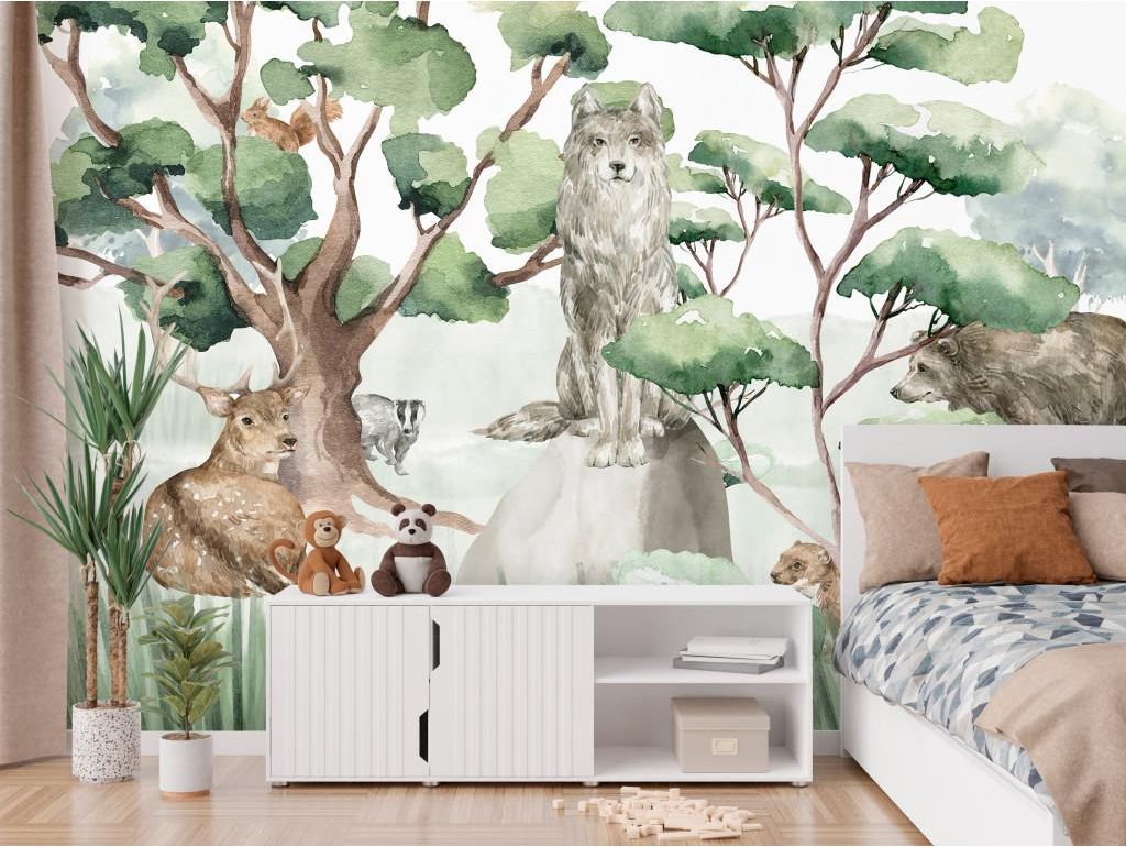 Bimago Fototapeta Zwierzątka W Lesie Wilk, Jeleń, Niedźwiedź, Wiewiórka Malowane Akwarelą 100x70 ...