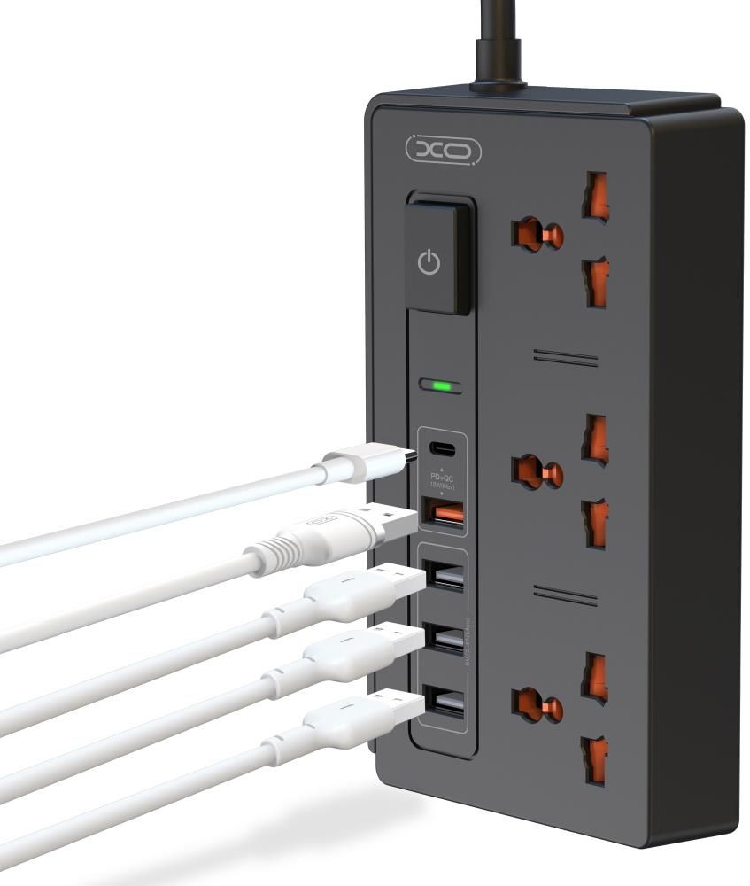 Listwa zasilająca XO WL06 PD QC 3.0 Czarna 1,8m 1x USB-C 4xUSB 10A ...