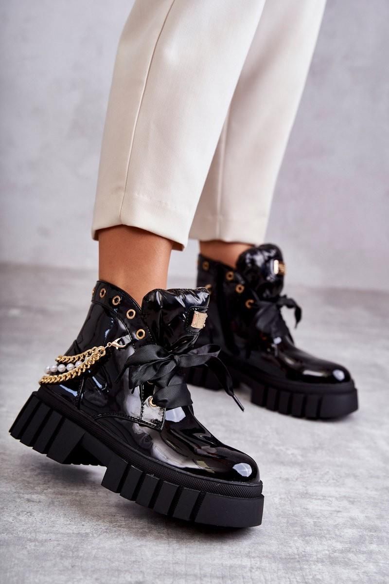 Lakierowane Ocieplane Botki Z Łańcuszkiem Czarne Karoline : Rozmiar - 40 - Ceny i opinie - Ceneo.pl