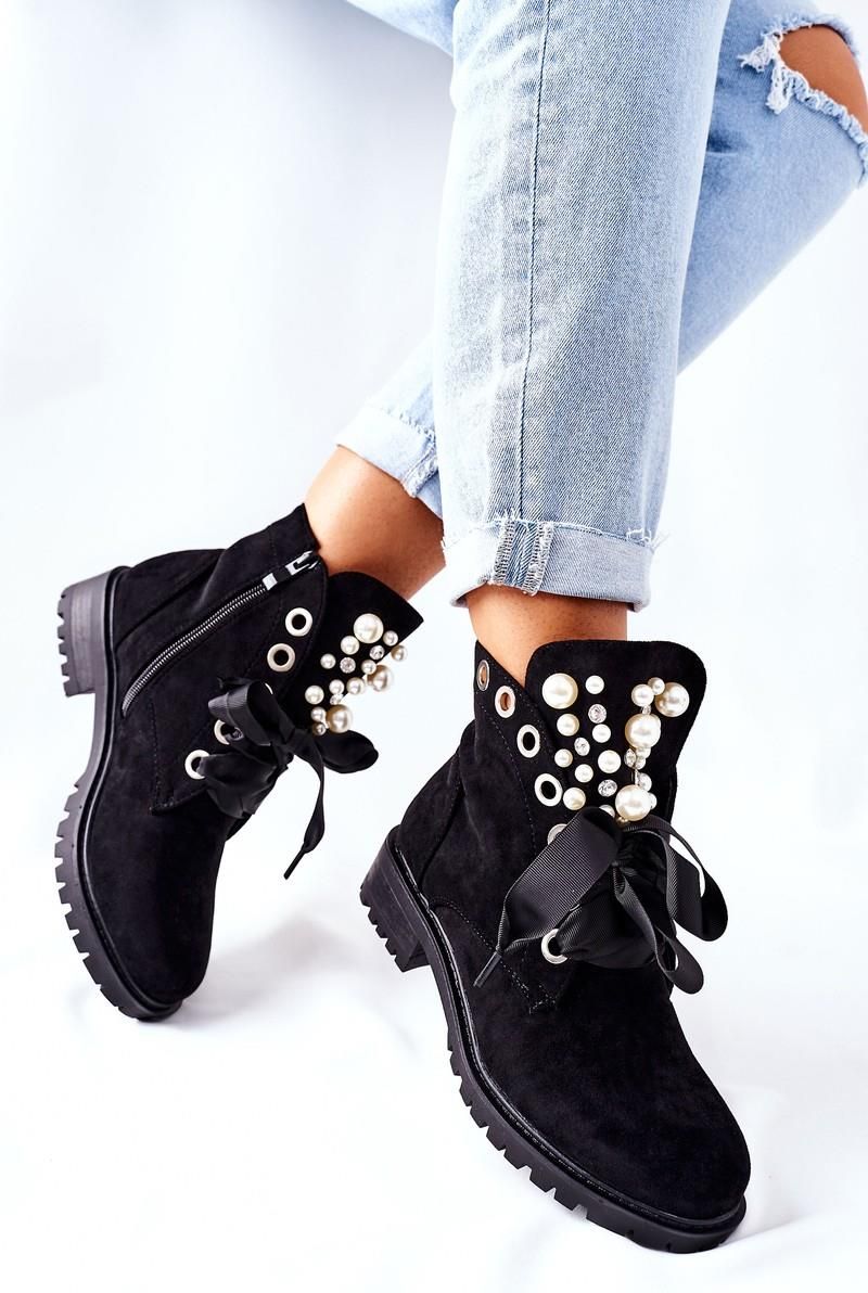 Zamszowe Botki Z Perełkami I Wstążką Czarne Perla : Rozmiar - 39 - Ceny i opinie - Ceneo.pl