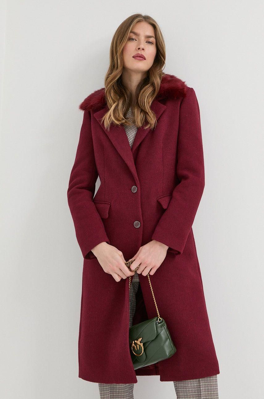 Guess płaszcz z domieszką wełny kolor bordowy przejściowy - Ceny i ...