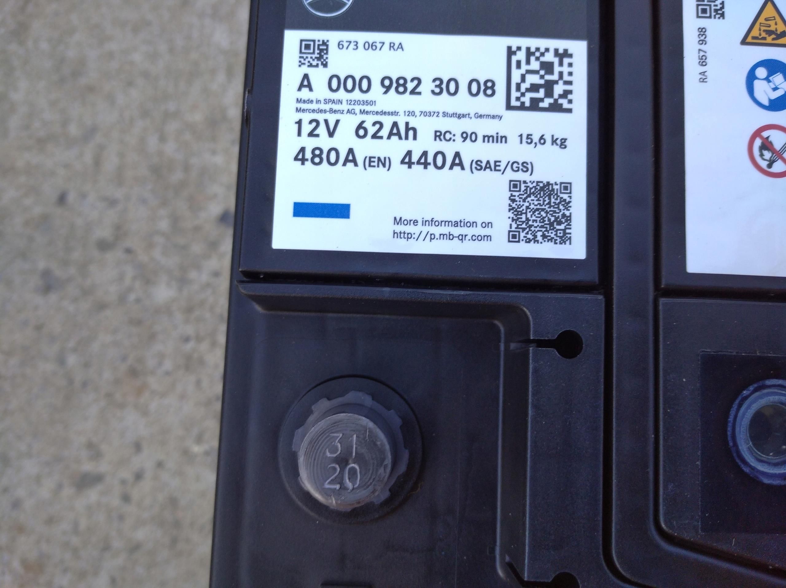 Mercedes-Benz Oe Mercedes Benz 12V 62Ah 480A 31/20R A 000 982 30 08 ...