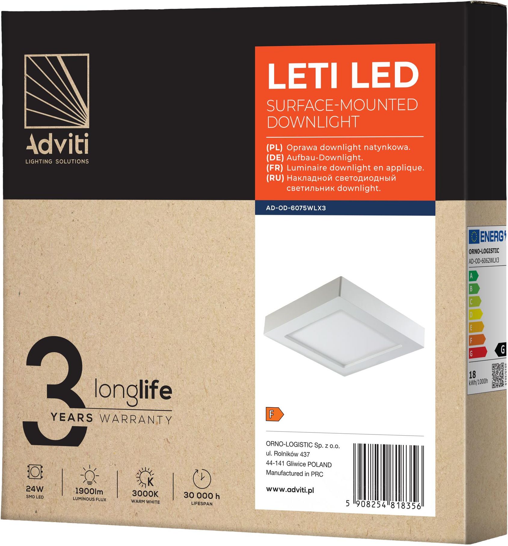 ADVITI DOWNLIGHT NATYNKOWY LETI LED 24W 3000K BIAŁY AD-OD-6075WLX3 ...