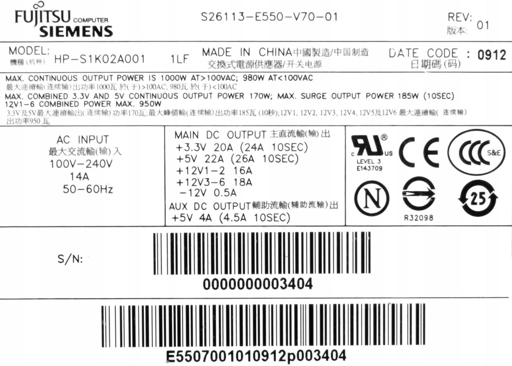 Zasilacz Fujitsu S26113-E550-V70-01 1000W Hp-S1K02A001 R670 ...