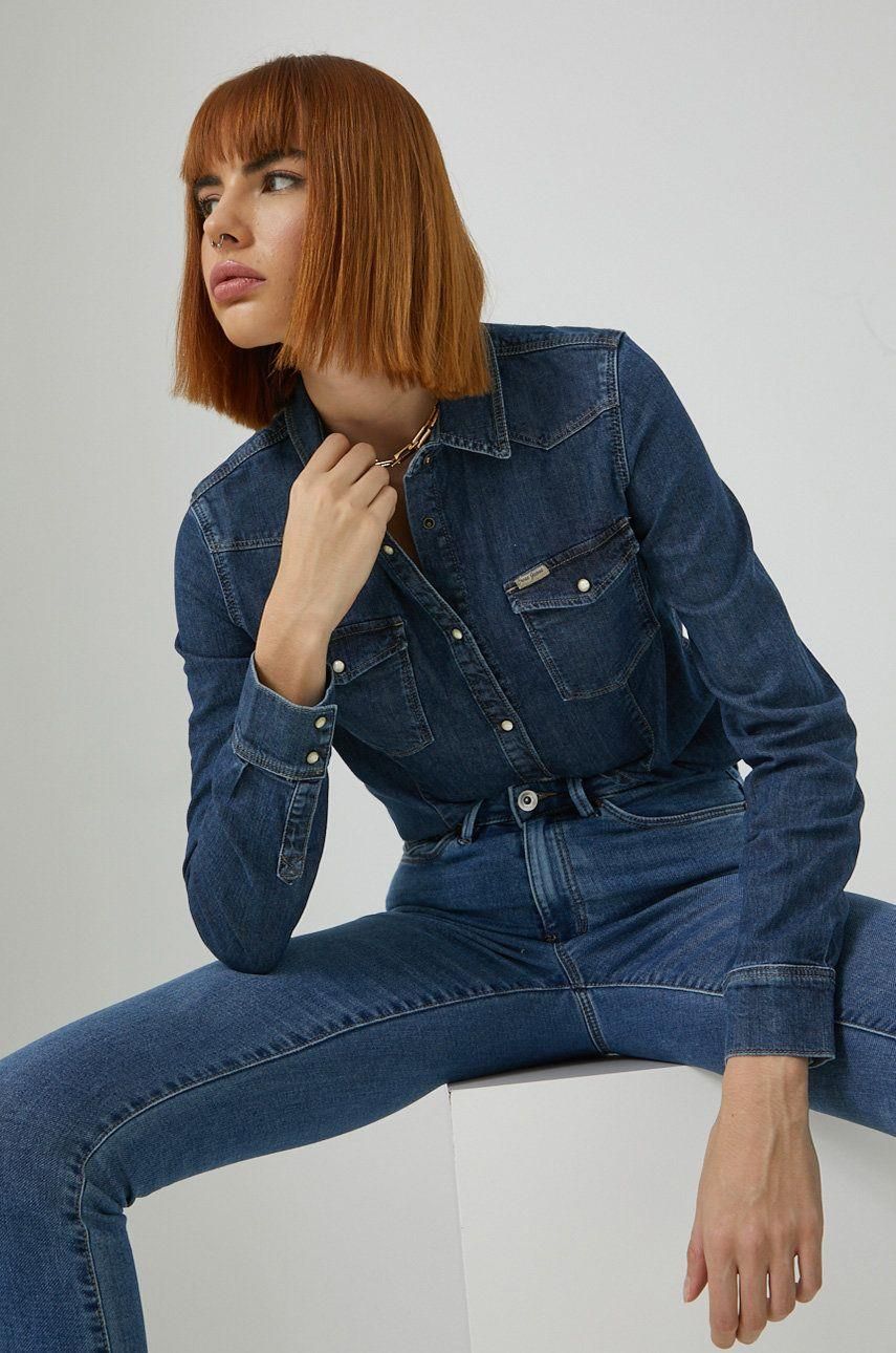 Cross Jeans koszula jeansowa damska kolor niebieski regular z ...