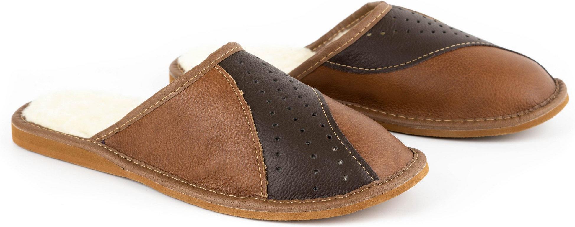 Klapki pantofle męskie skórzane kapcie góralskie ocieplane M95 brązowe ...