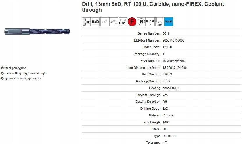 Wiertło Gühring Wiertło Guhring Vhm Nr Art 5611 Fi 1300 5Xd ...