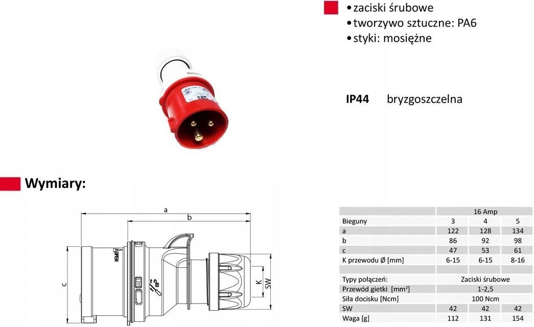 Bezpiecznik WTYCZKA PRZENOŚNA SIŁOWA 16A 2P+ TYP IP44 PCE 013 - Opinie ...