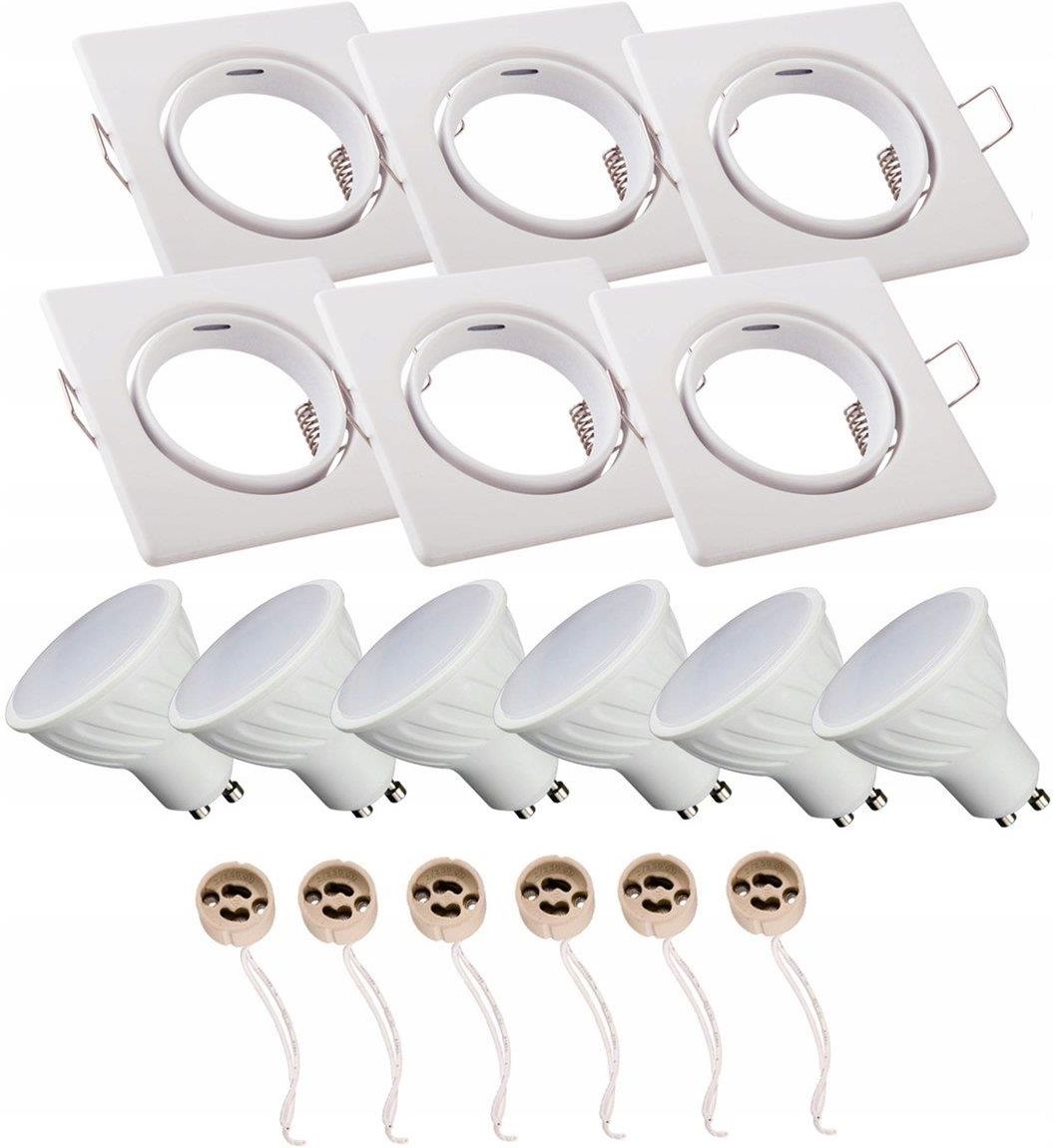 Lampa Dled 6X Zestaw Oprawa Kwadratowa Biała + Gu10 5W Neutralna + Gniazdo Przyłączeniowe Gu10 ...