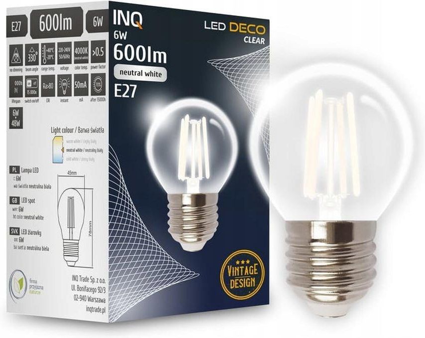 Inq Filament Led G45 Kulka E27 6W 600Lm 4000K (INQDP120NW) - Opinie i ...