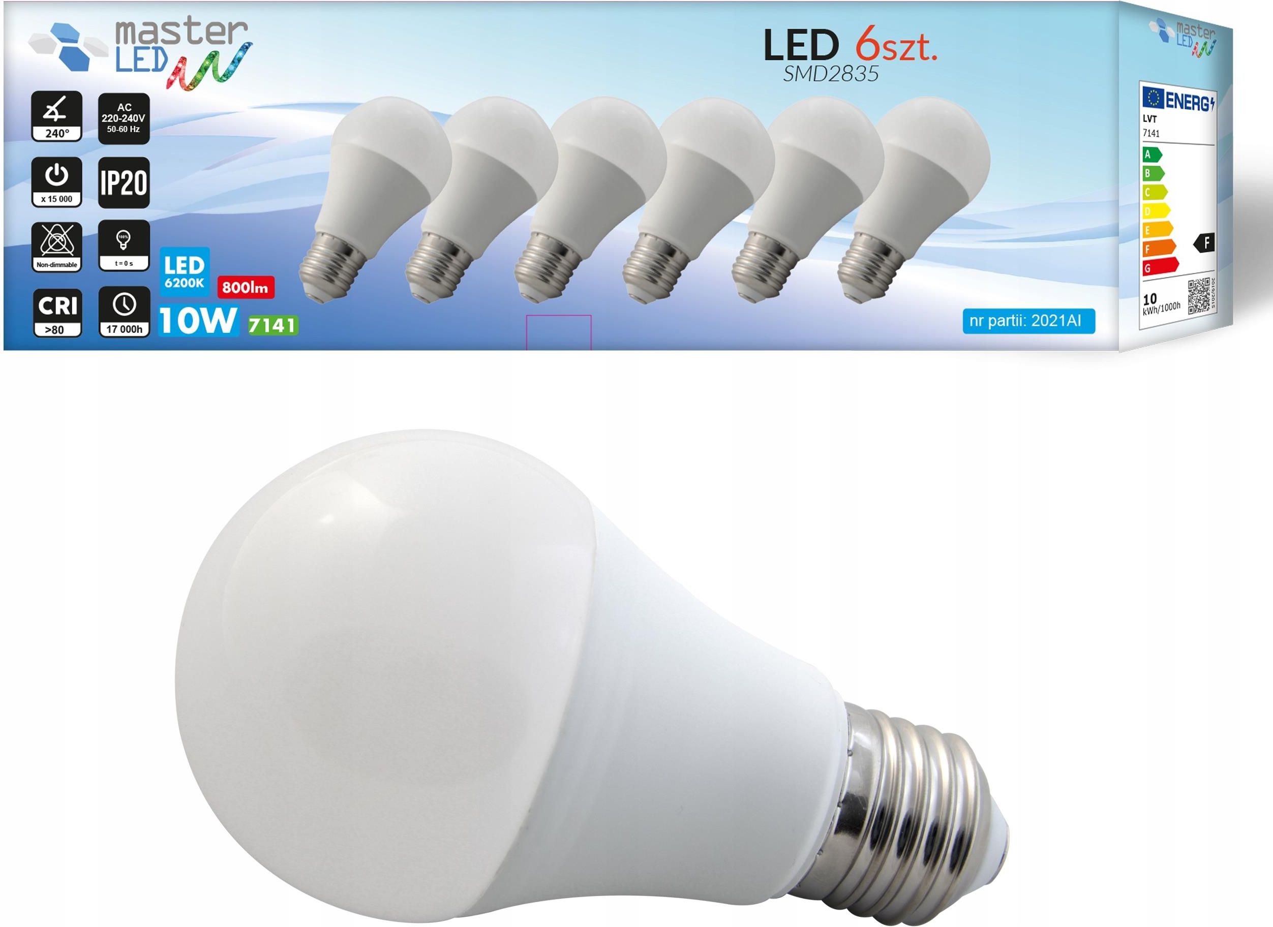 Masterled Zestaw 6x Żarówka Led E27 1000lm 10w Kula A60 230v