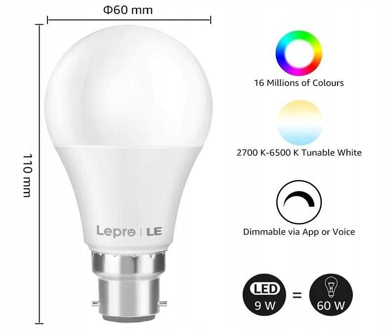Lepro Żarówka Wifi Smart Led Buld B22 9W Rgb+Cct (A60) - Opinie i ...