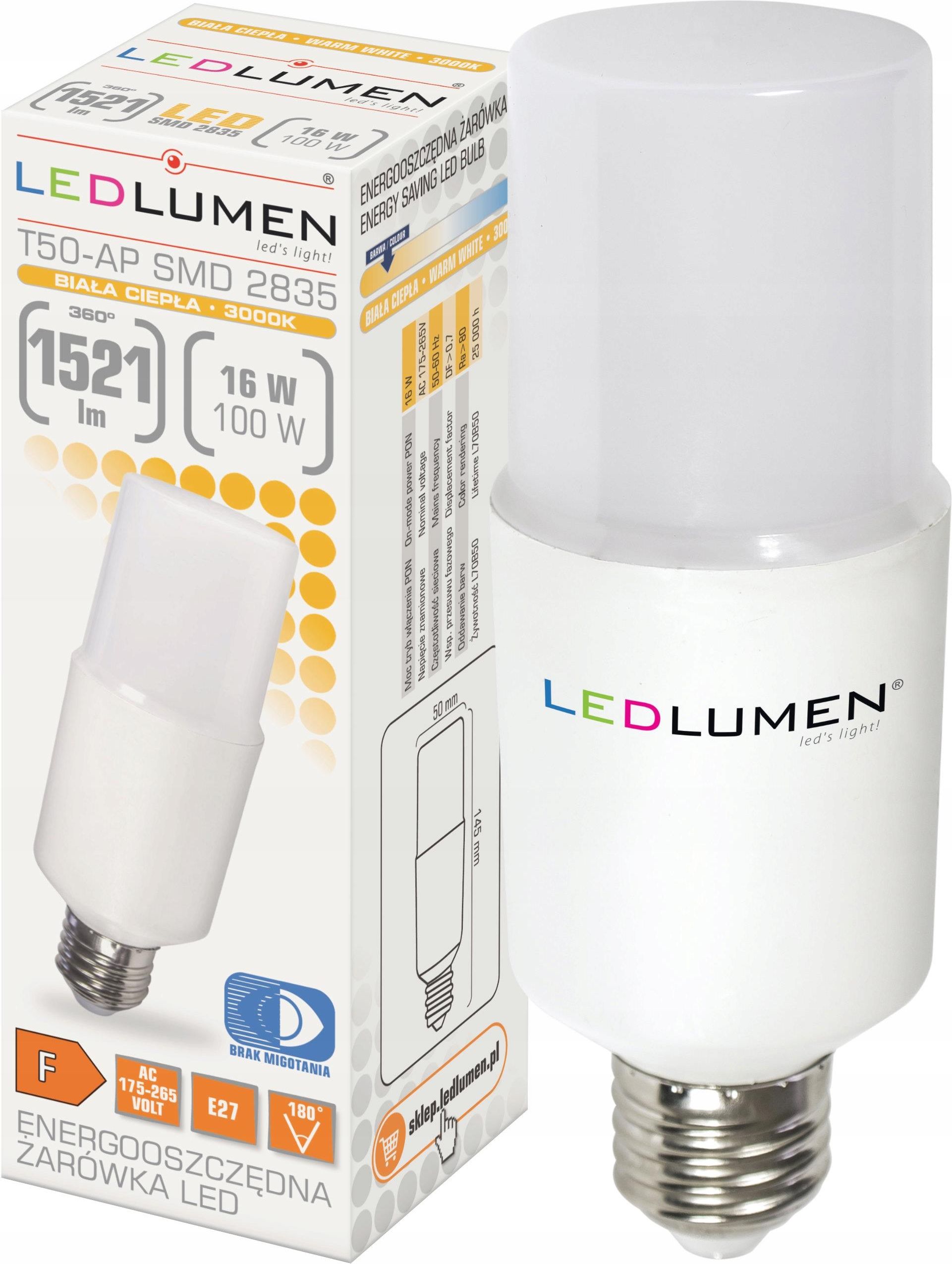 Ledlumen Żarówka Led E27 T50 16W=100W 1521Lm Ccd (251090316) - Opinie i ...