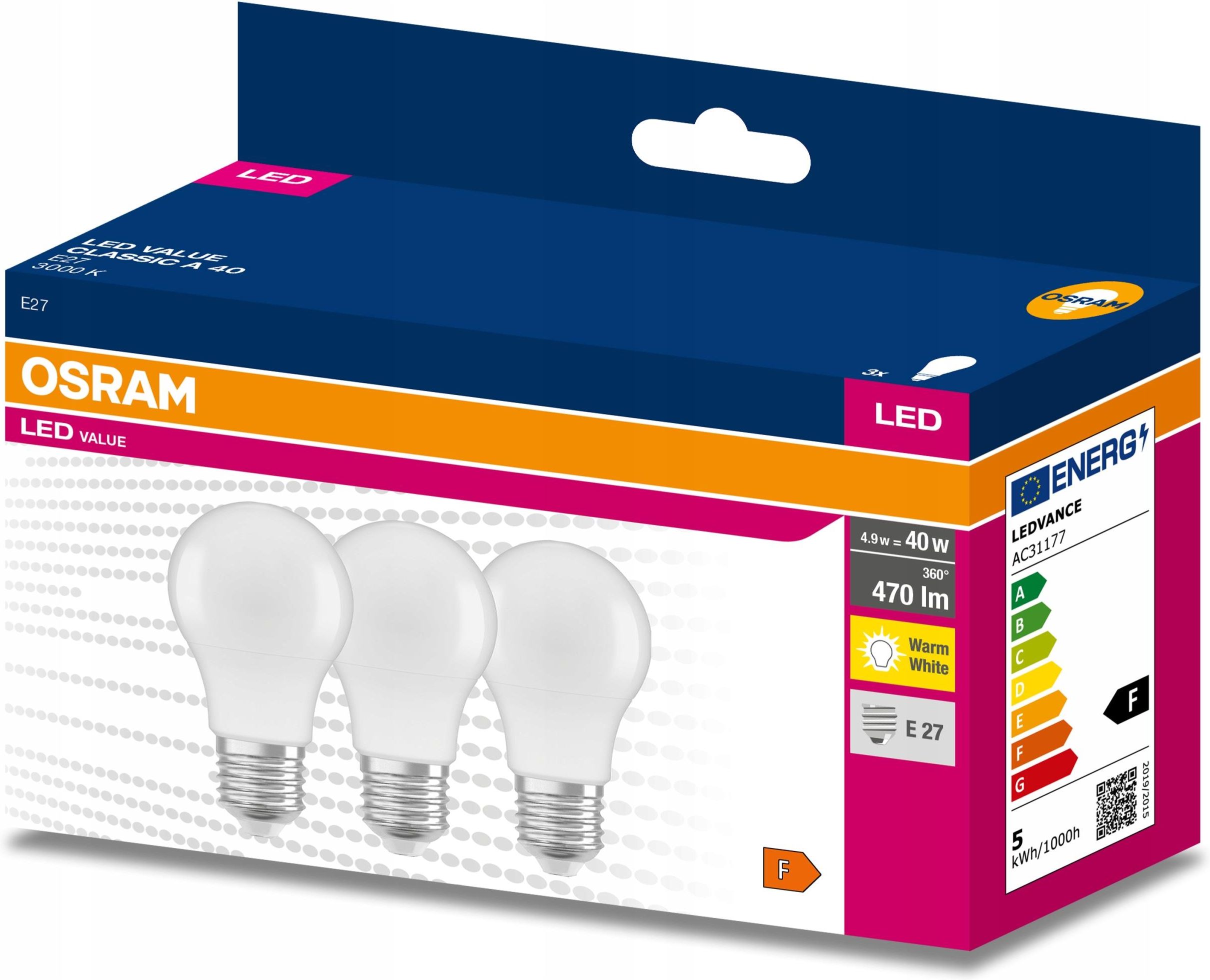 Osram 3X Żarówka Led E27 A60 4,9W 40W 470Lm 3000K (OSRVALU7807CIEPŁABARWATRADYCYJNA) - Opinie i ...