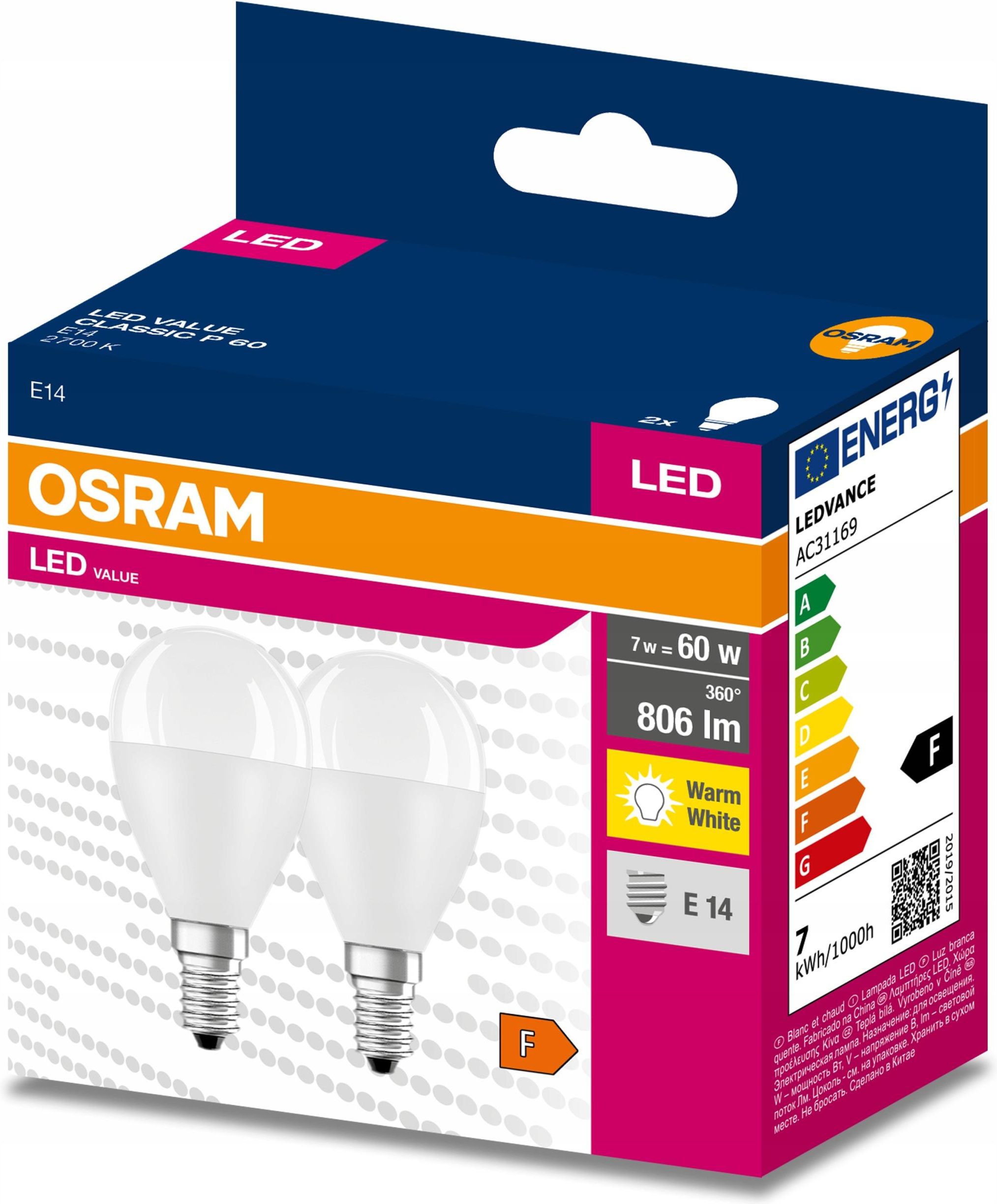 Osram 2x Żarówka Led E14 Kulka 7w 60w 806lm 2700k