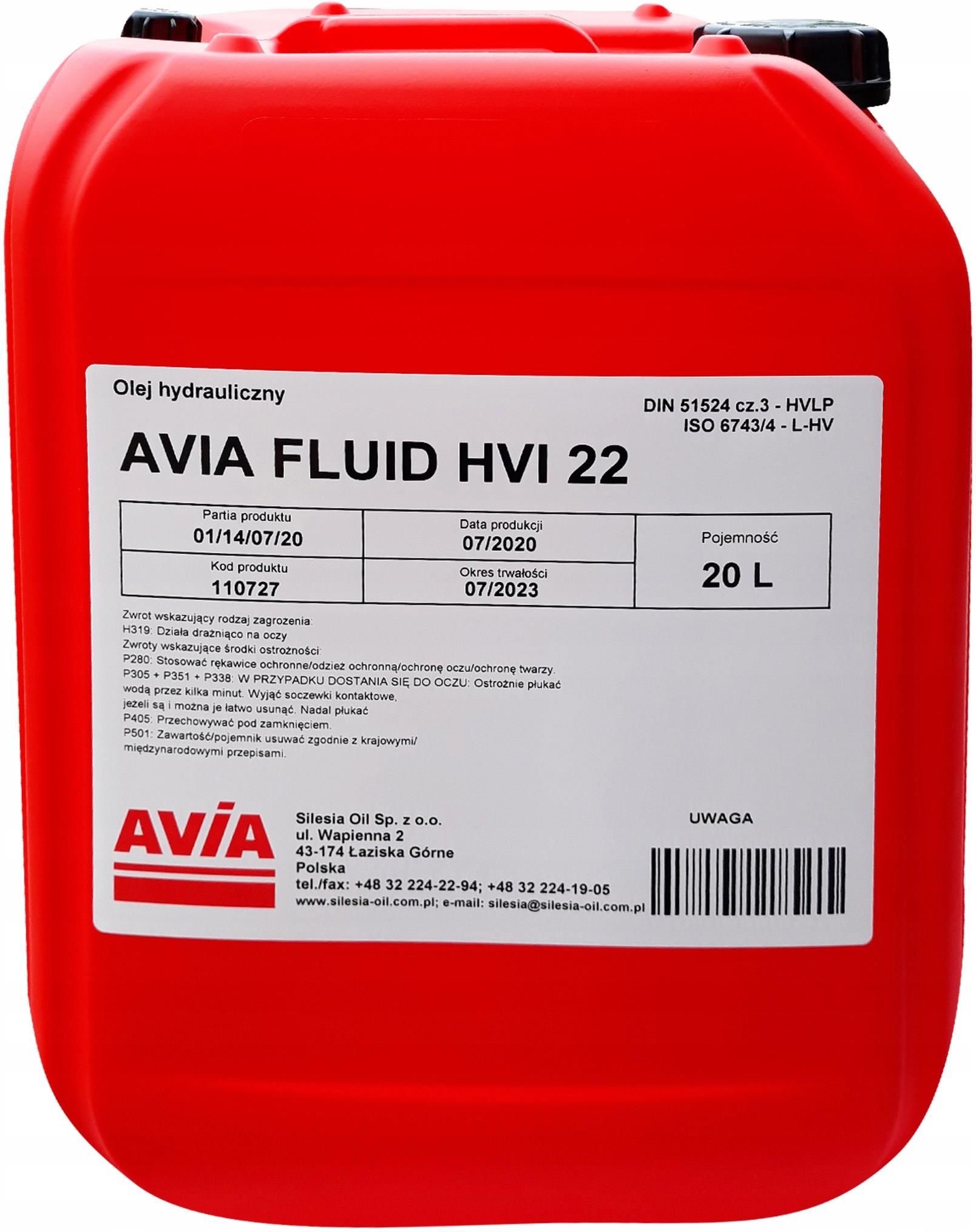 Olej Hydrauliczny Avia Fluid Hvi 22 Vg22 20L - Opinie i ceny na Ceneo.pl