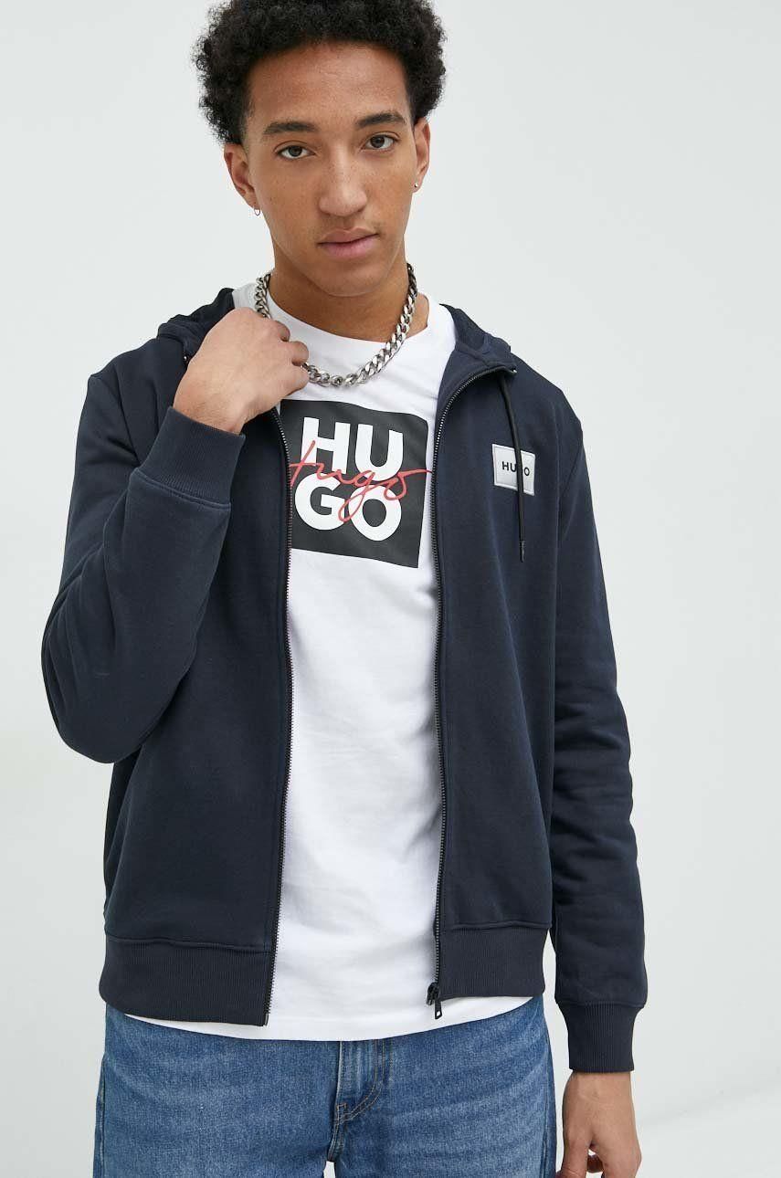 HUGO bluza bawełniana męska kolor granatowy z kapturem z aplikacją ...