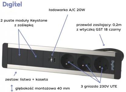 Gniazdo elektryczne Digitel Slim Frame Zestaw 6m B/Sb 3x Ute DG8054 ...
