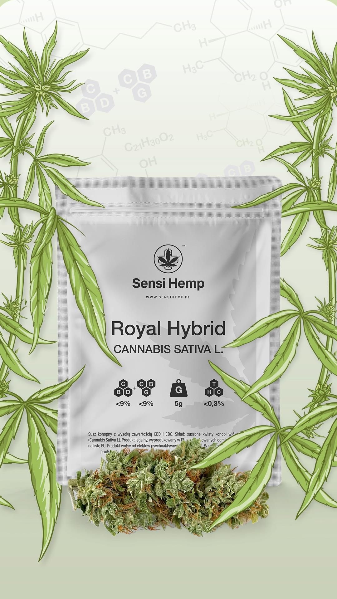 Preparat medycyny naturalnej Sensi Hemp Susz Kwiaty Konopi Royal Hybrid CBD 9% CBG 9% 5G ...