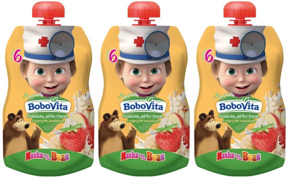 BoboVita Masha & Bear Mus truskawka jabłko i banan z napojem owsianym ...