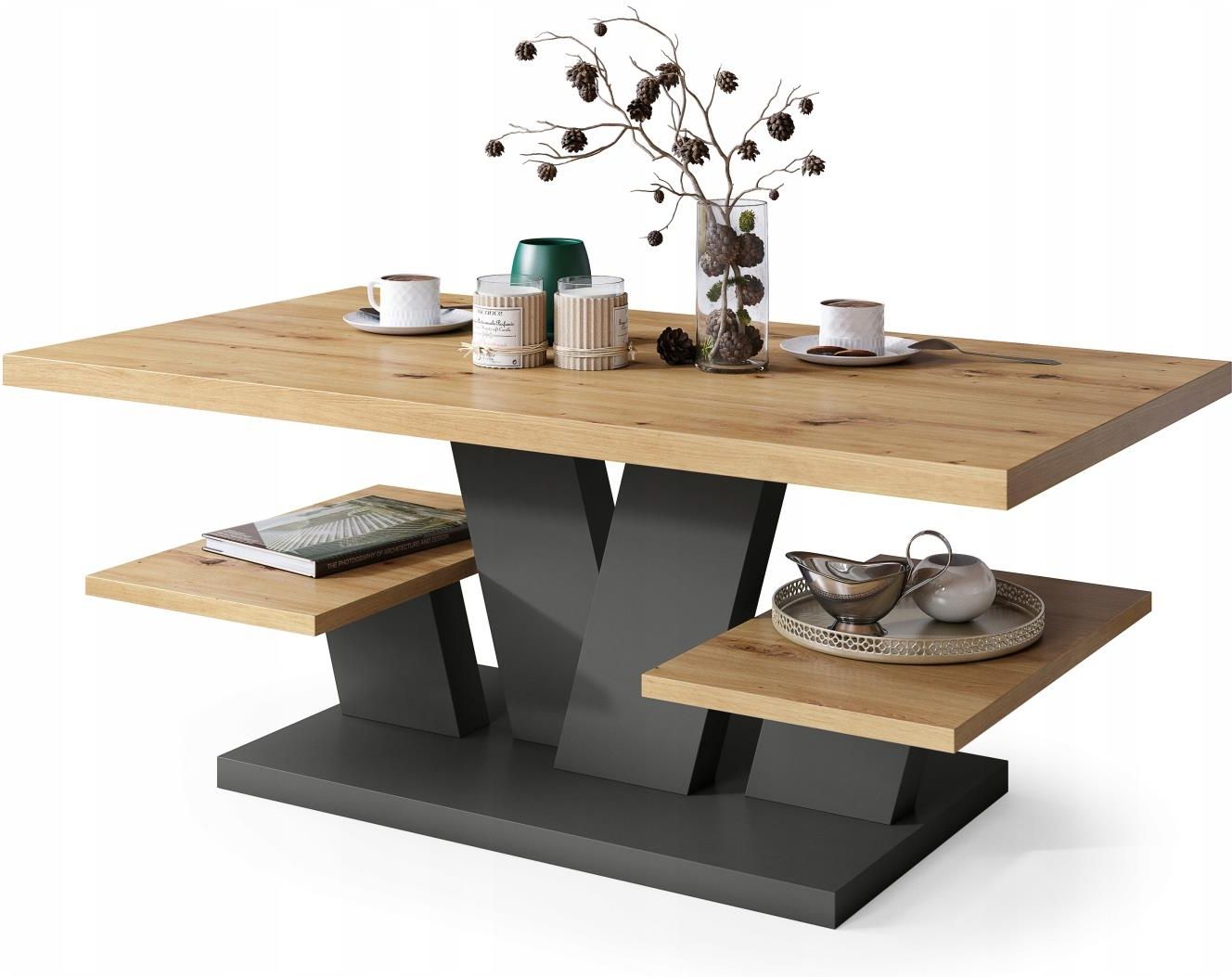 Mazzoni Viva Dąb Artisan/Antracyt Ława Stolik Z Półkami 2B946C33-Cbd4 ...