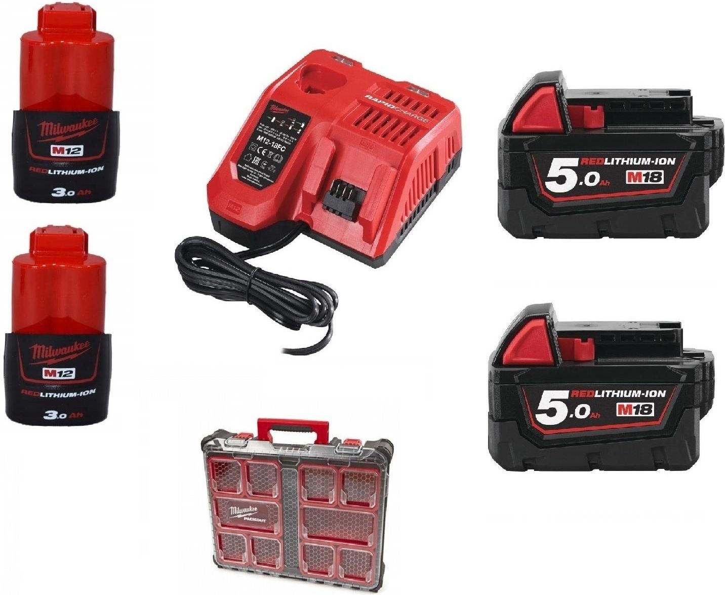 Milwaukee zestaw zasilający 12V 2x3,0Ah M12B3 18V 2x5,0Ah Li-Ion M18B5 ...