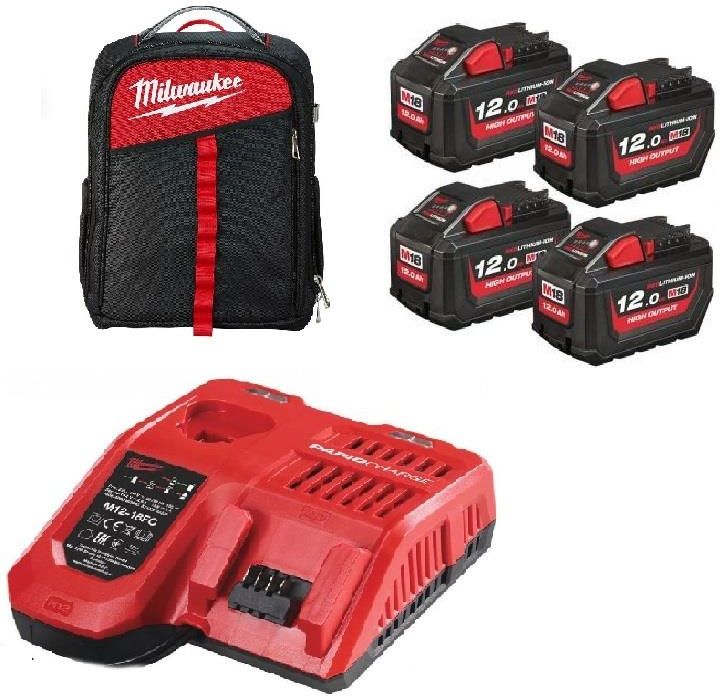 Milwaukee zestaw zasilający 18V 4x12,0Ah Li-Ion M18B12 z ładowarką M12 ...