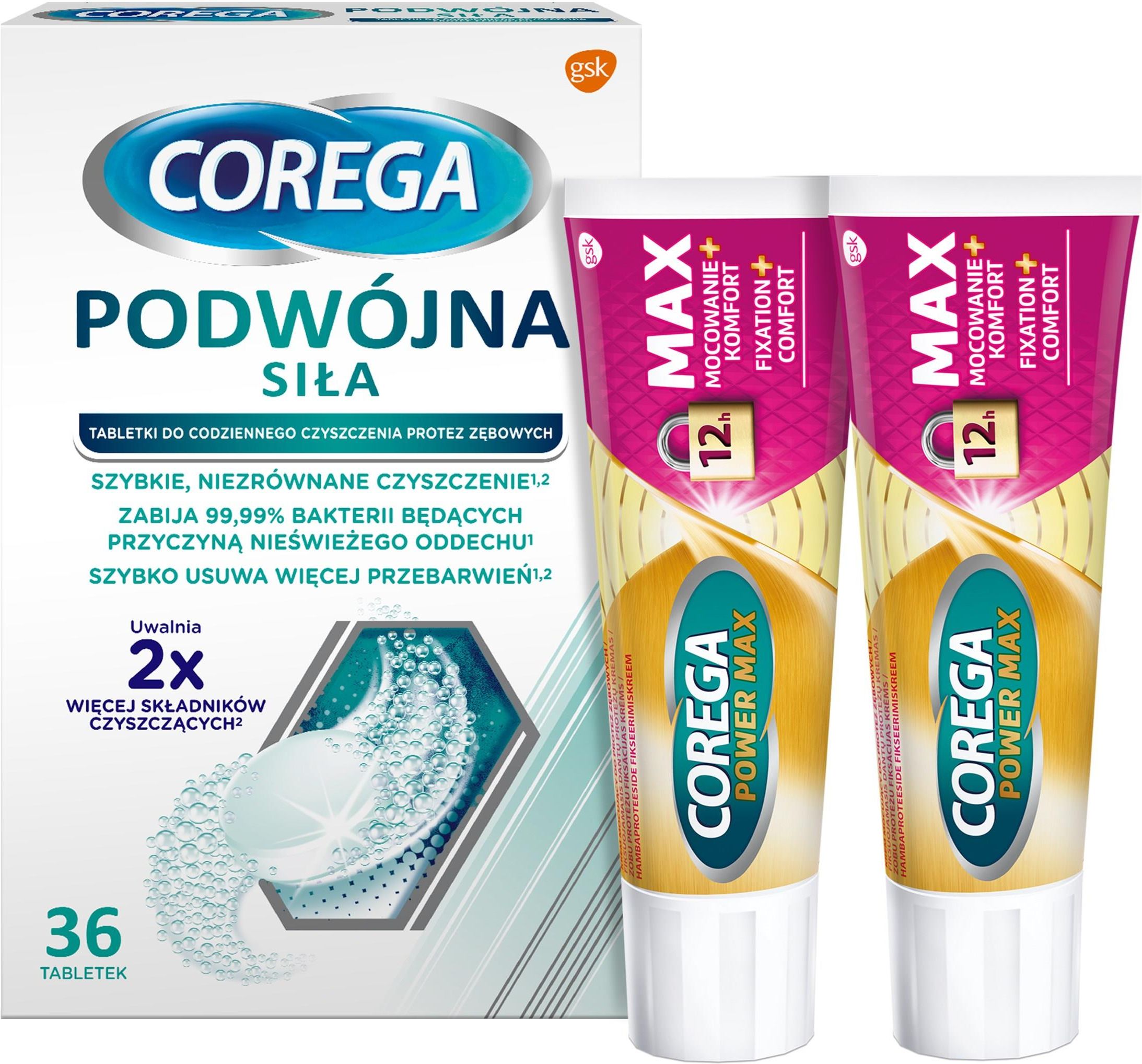 Corega Podwójna Siła 36 szt. + Corega Max Mocowanie + Komfort Neutralny ...