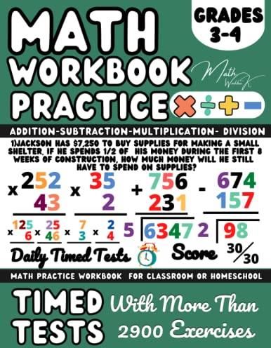 Math Practice Workbook grades 3-4 Multiplication, Division, Addition ...
