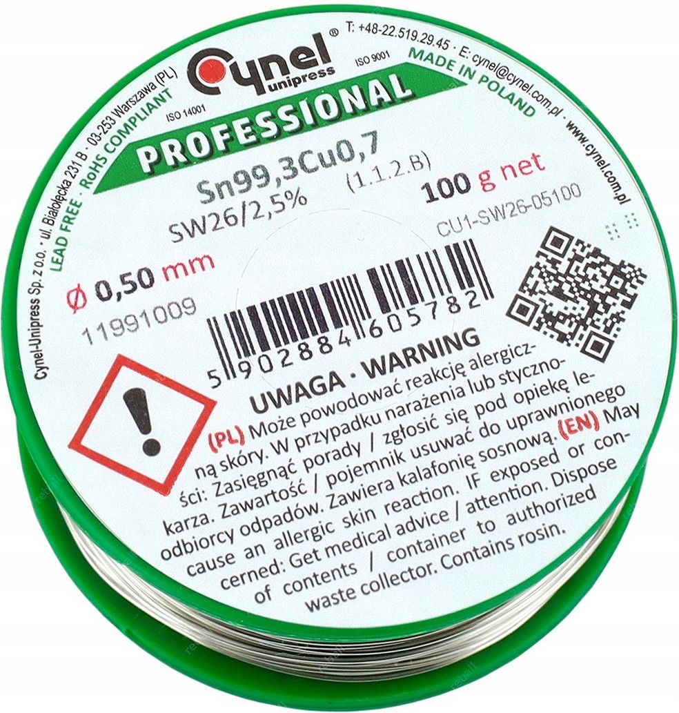 Cynel Cyna Bezołowiowa Sn99,3Cu0,7 100G 0.5Mm Topnikiem Che0000244 ...