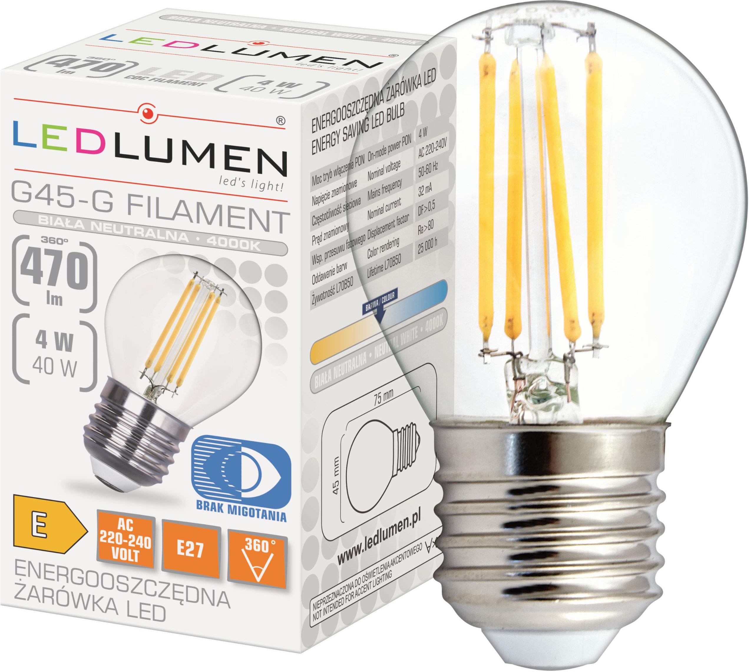 Ledlumen Żarówka Led E27 Kulka G45 4W=40W Filament Ozdobna (251090386 ...